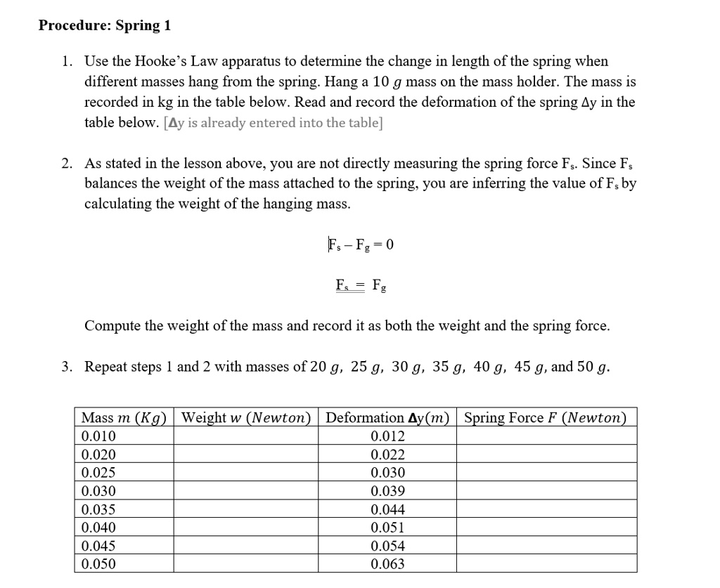 SOLVED: Procedure: Spring 1 Use the Hooke s Law apparatus to determine ...