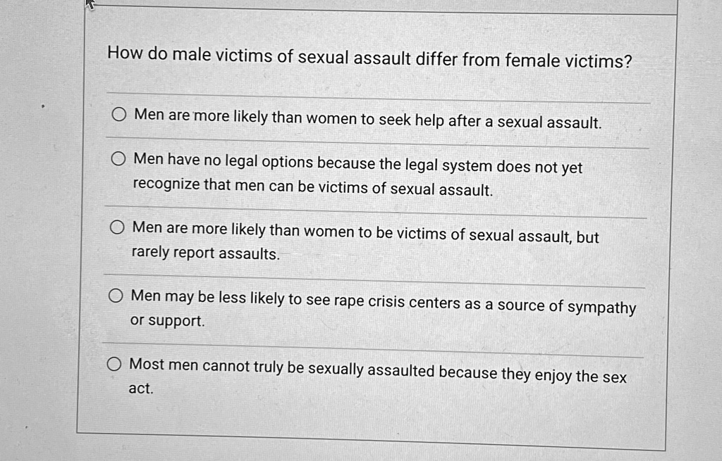 SOLVED: How do male victims of sexual assault differ from female ...