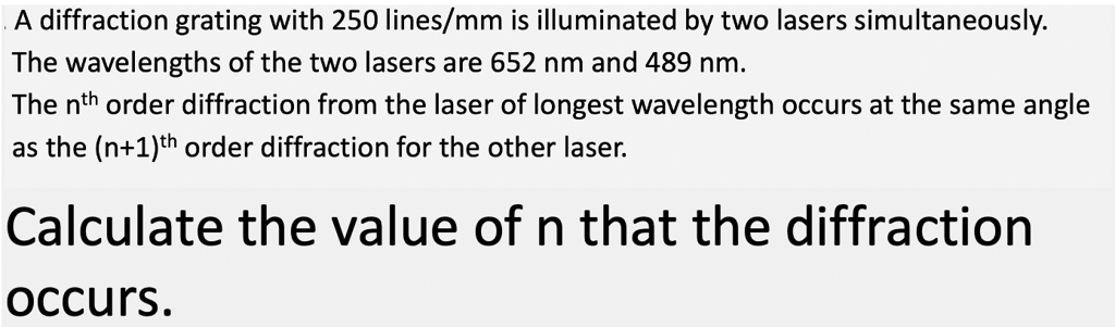 A diffraction grating with 250 lines/mm is illuminated by two lasers ...