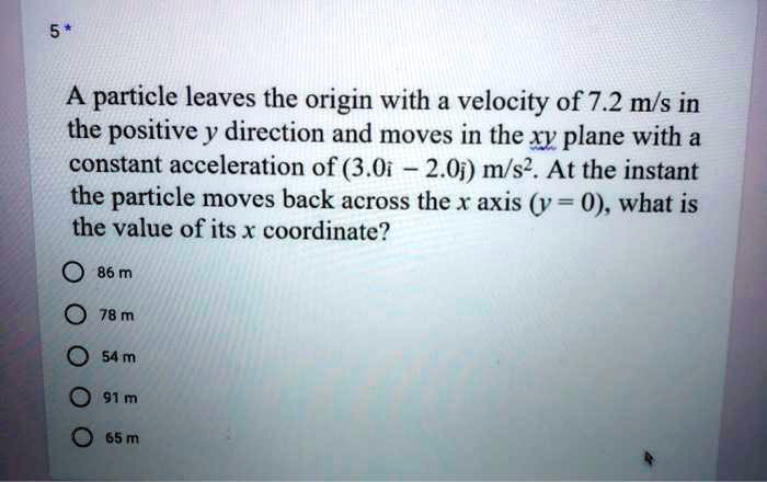 a particle leaves the origin with a velocity of 72 ms in the positive y direction and moves in ...