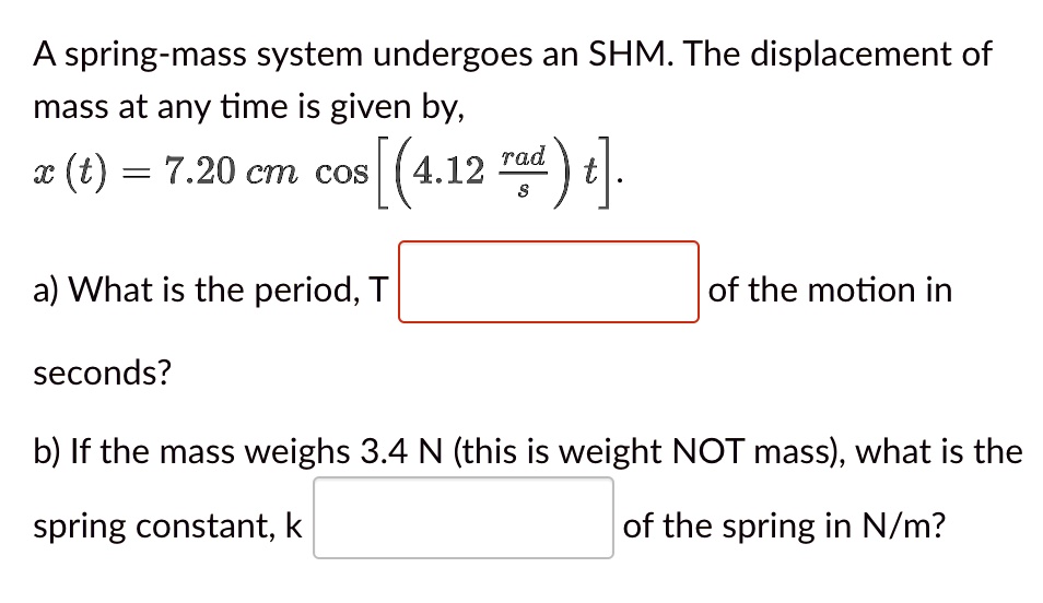 SOLVED:spring-mass system undergoes an SHM. The displacement of mass at ...