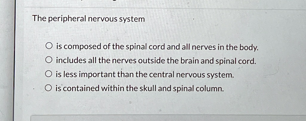 The peripheral nervous system O is composed of the spinal cord and all ...