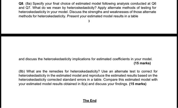 SOLVED: Q8. (8a) Specify your final choice of estimated model following the analysis conducted ...