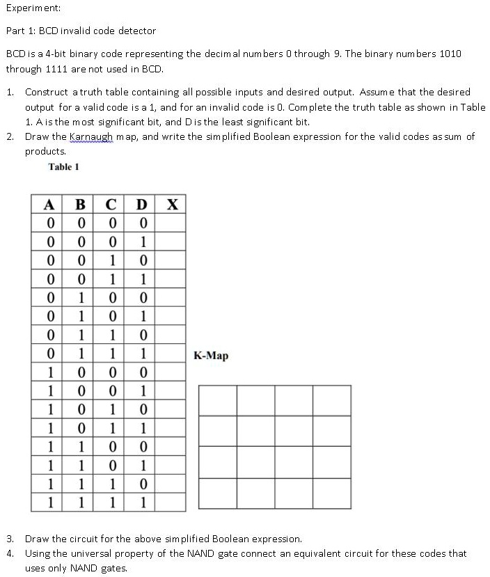 Experiment: Part 1: BCD invalid code detector BCD is a 4-bit binary code representing the ...