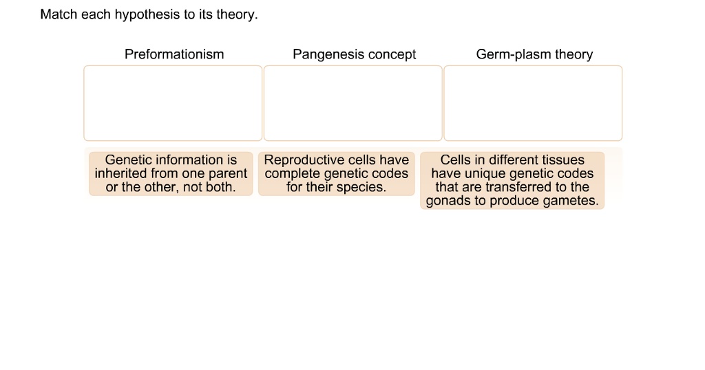 SOLVED: Match each hypothesis to its theory. Preformationism Pangenesis concept Germ-plasm ...