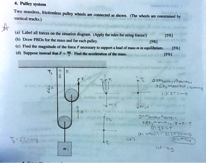 SOLVED: Pulley system Two massless, frictionless pulley wheels are connected as shown. (The ...
