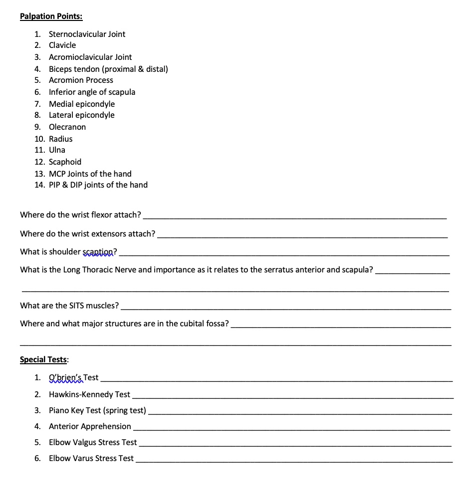 SOLVED: Palpation Points: 1. Sternoclavicular Joint 2. Clavicle 3 ...
