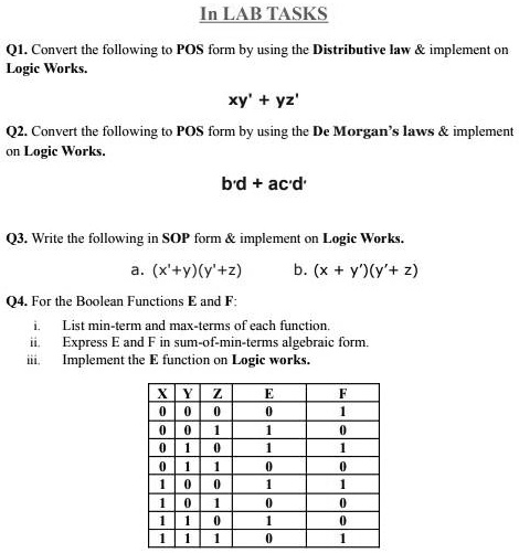 In LAB TASKS Q1. Convert the following to POS form by using the ...