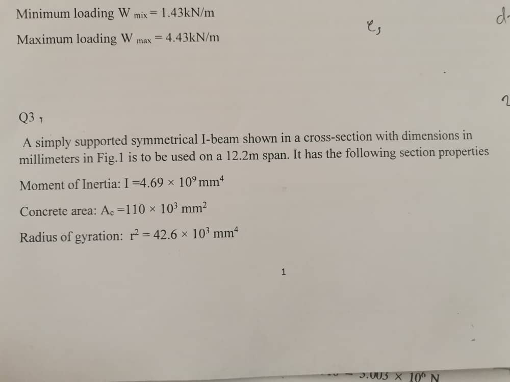 Minimum loading Wmix =1.43 kN / m Maximum loading Wmax=4.43 kN / m Q3 T A simply supported ...