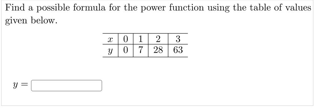 SOLVED: Find a possible formula for the power function using the table of values given below. x ...