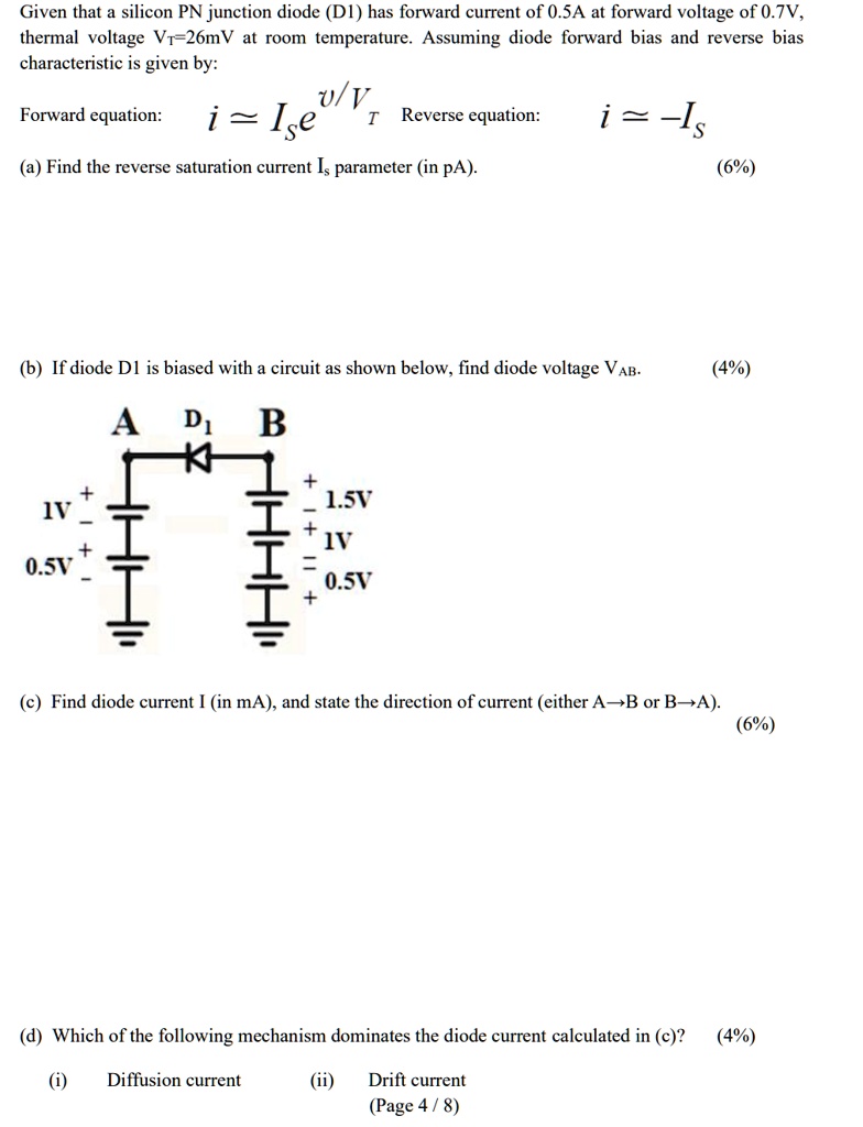 SOLVED: Given that a silicon PN junction diode (D1) has a forward ...