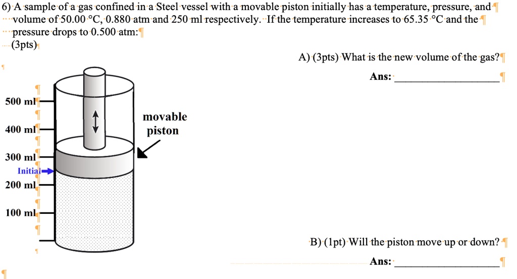 SOLVED: 6) A sample of a gas confined in a Steel vessel with a movable piston initially has a ...