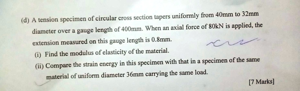 (d) A tension specimen of circular cross section tapers uniformly from ...