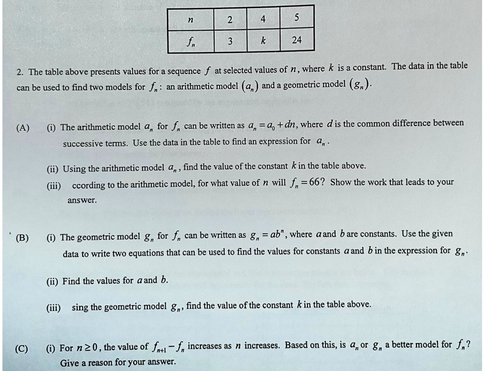 n 2 4 5 fn 3 k 24 2. The table above presents values for a sequence fn at selected values of n ...