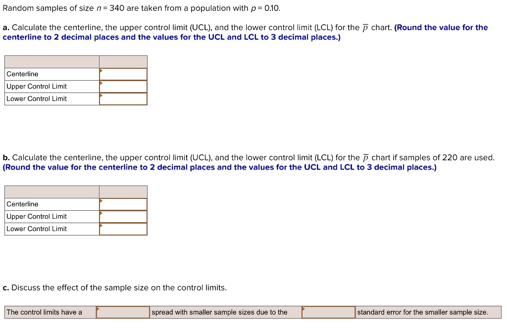 SOLVED: Random samples of size n = 340 are taken from population with p = 0.10. Calculate the ...