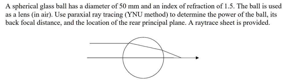 a spherical glass ball has a diameter of 50 mm and an index of ...