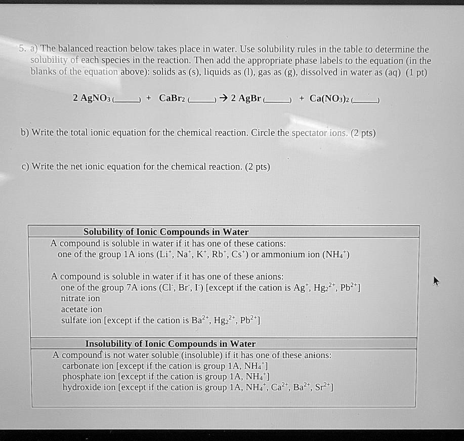 SOLVED: 5. a) The balanced reaction below takes place in water: Use ...