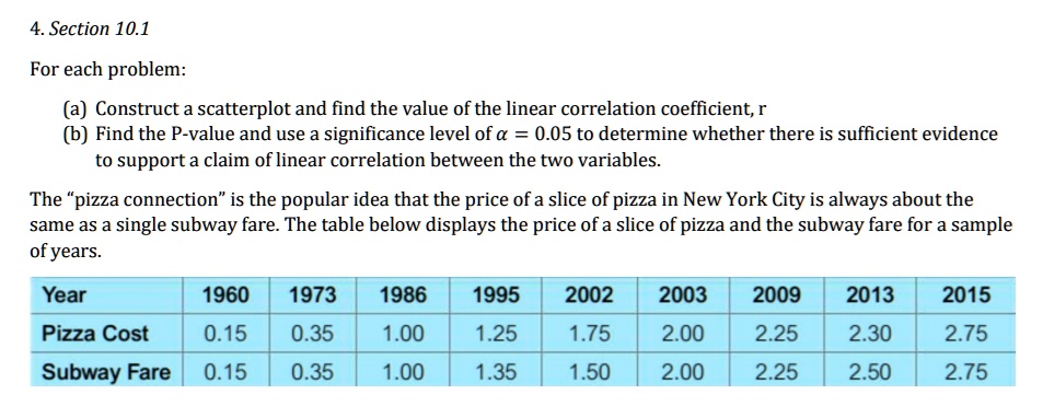 SOLVED:4.Section 10.1 For each problem: Construct a scatterplot and find the value of the linear ...
