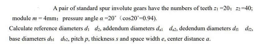 A pair of standard spur involute gears have the numbers of teeth z1 ...