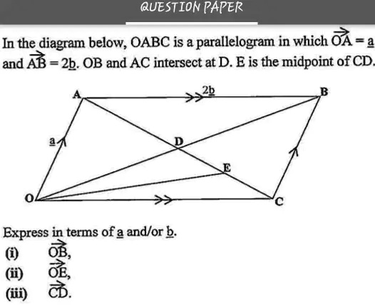 QUESTION PAPER In the diagram below, OABC is a parallelogram in which OA = a and AB = 2b. OB and ...