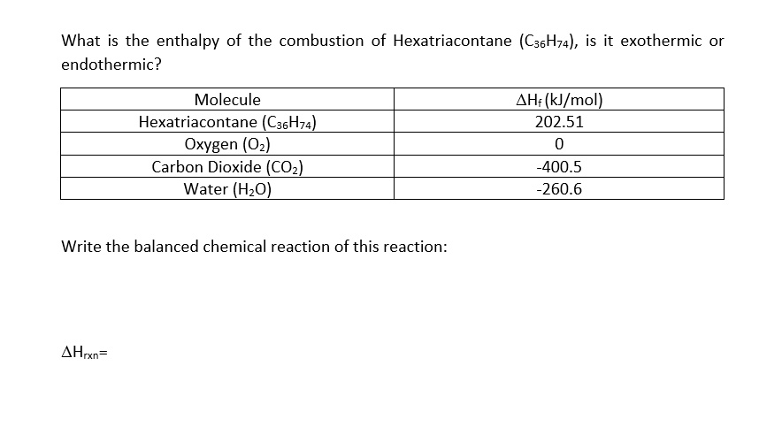 What is the enthalpy of the combustion of Hexatriacontane (C36H74), is ...