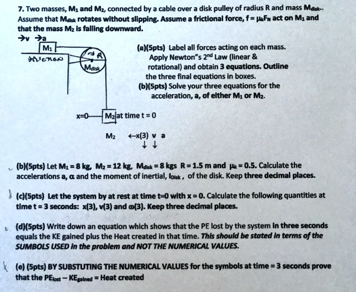 SOLVED: 7. Two masses, Mi and Mz, connected by a cable over a disk ...