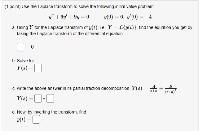 SOLVED:point) Use the Laplace transform to solve the following initial value problem: y" + 6y ...