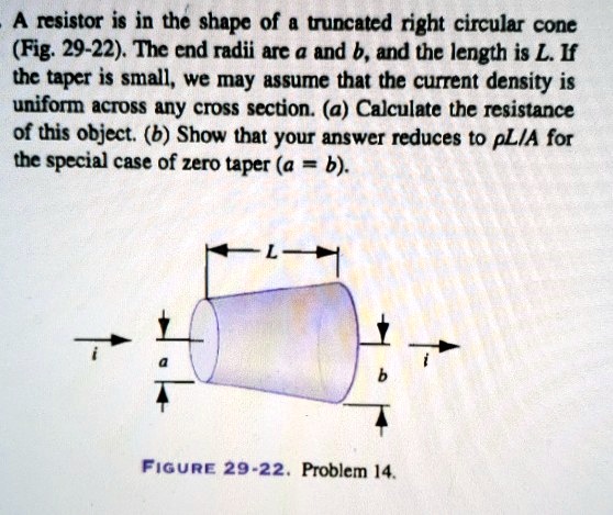 A resistor is in the shape of a truncated right circular cone (Fig. 29-22). The end radii are a ...