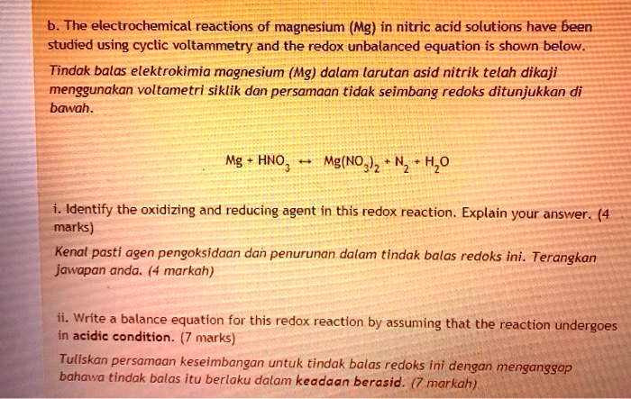 SOLVED: b. The electrochemical reactions of magnesium (Mg) in nitric ...