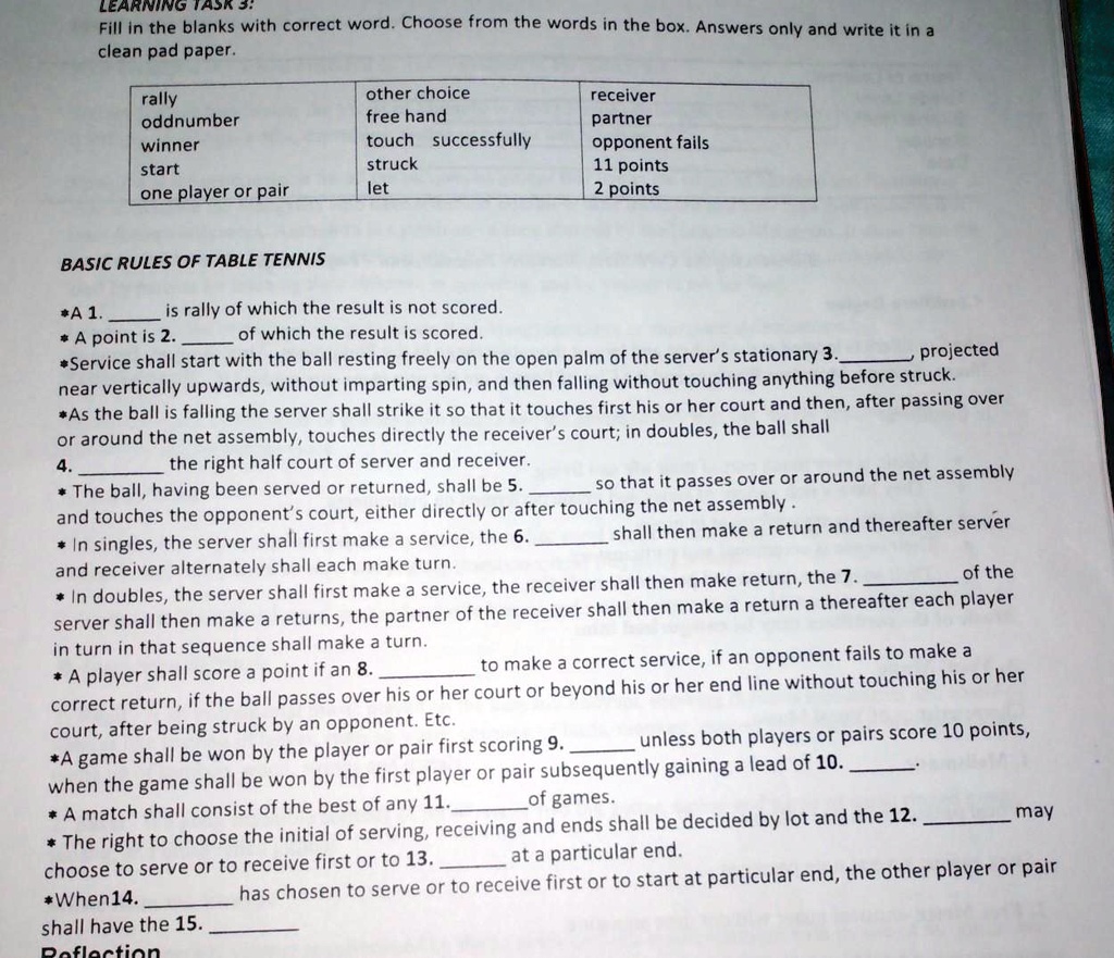 SOLVED: Basic Rules of Table Tennis Learning (Asas: Fill in the blanks ...