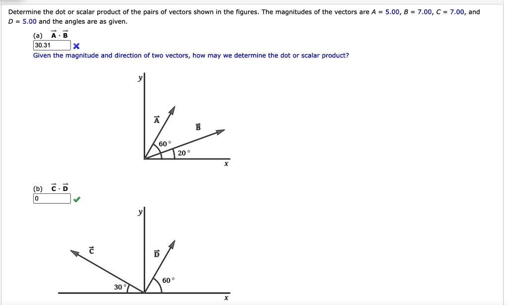 determine the dot or scalar product of the pairs of vectors shown in ...