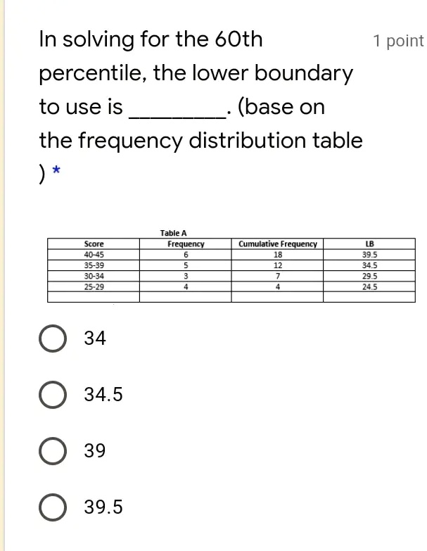 SOLVED: In solving for the 60th percentile, the lower boundary to use ...