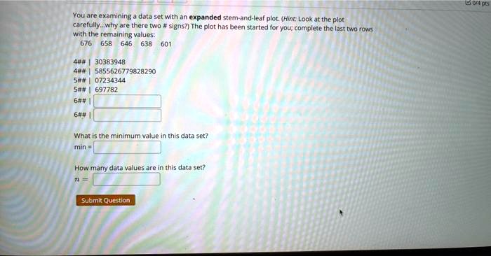 You are examining a data set with an expanded stem-and-leaf plot. (Hint: Look at the plot ...