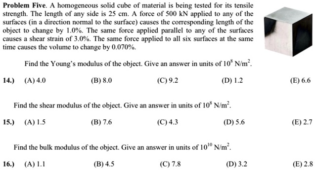 SOLVED: Problem Five homogeneous solid cube of material is being tested ...