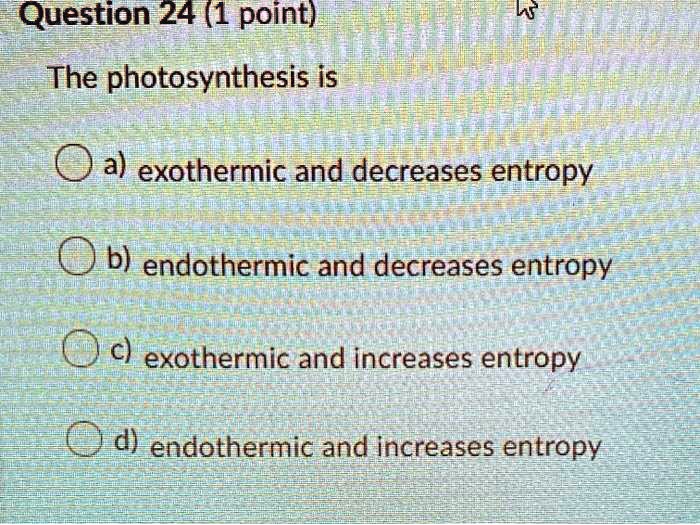 question 24 1 point the photosynthesis is oa exothermic and decreases ...