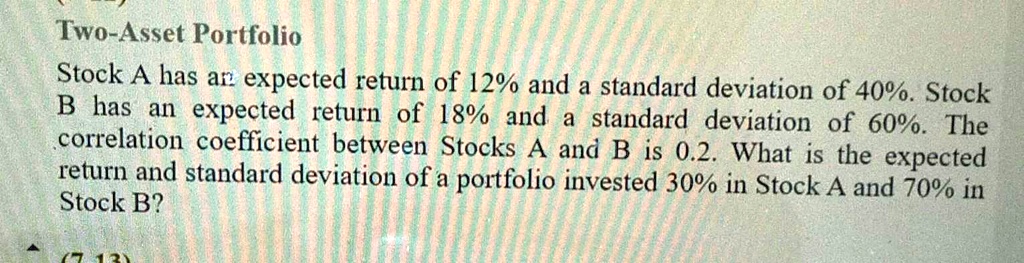 SOLVED: Two-Asset Portfolio Stock A has ar expected return of 12% and a ...