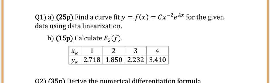 SOLVED: Q1) a) (25p) Find a curve fit y = f(x) = Cx-2eAx for the given data using data ...