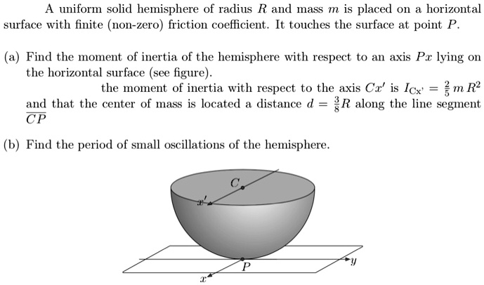 SOLVED: A uniform solid hemisphere of radius R and mass m is placed on a horizontal surface with ...