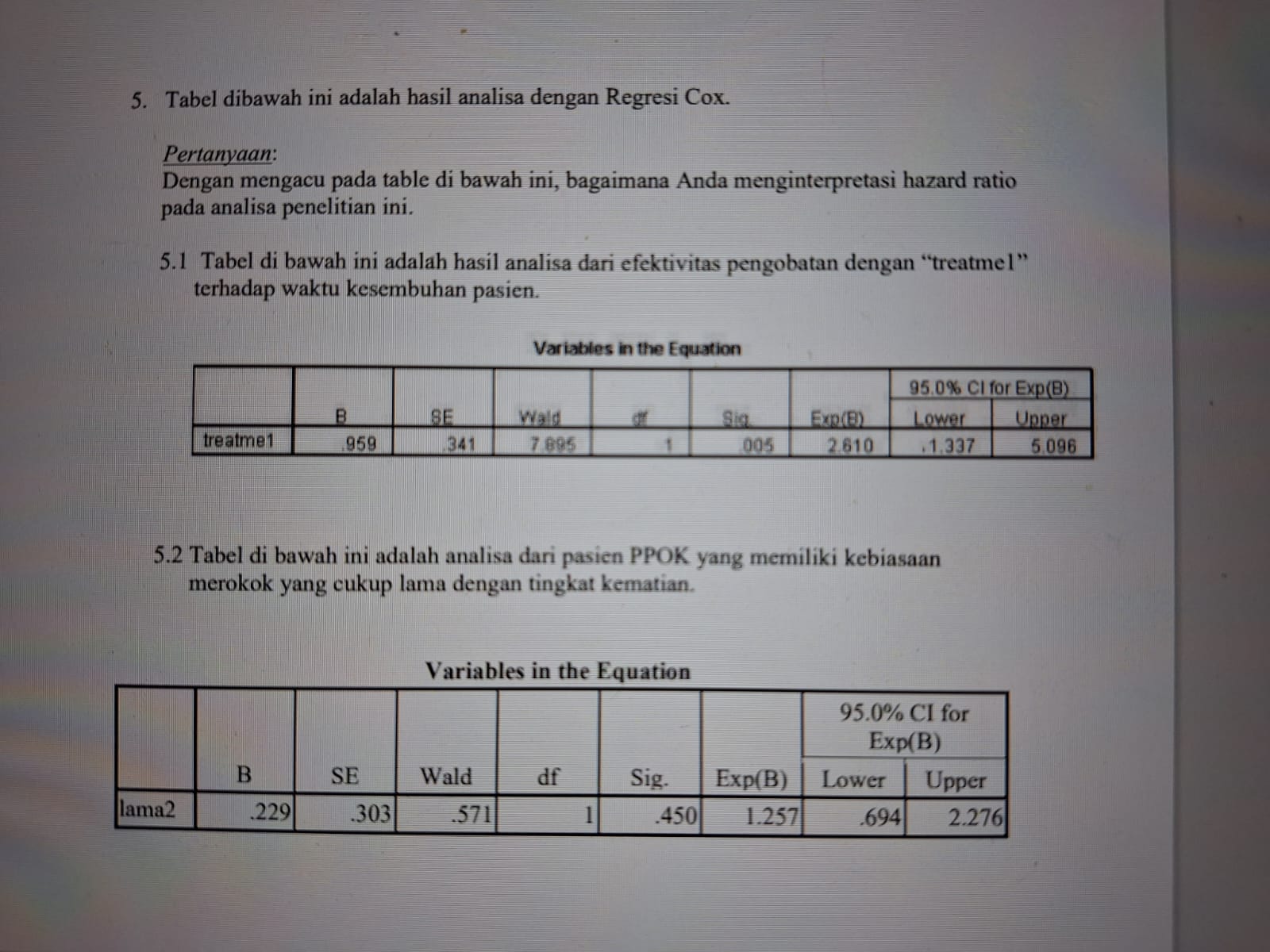 5. Tabel dibawah ini adalah hasil analisa dengan Regresi Cox ...