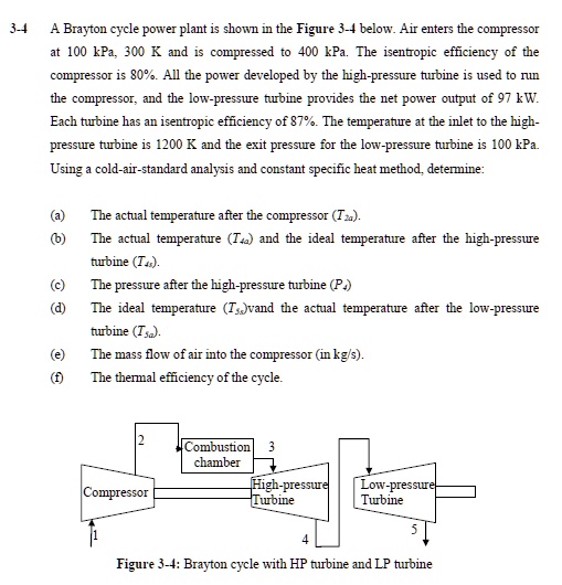 SOLVED: Brayton cycle power plant is shown in Figure 3-4 below. Air enters the compressor at 100 ...