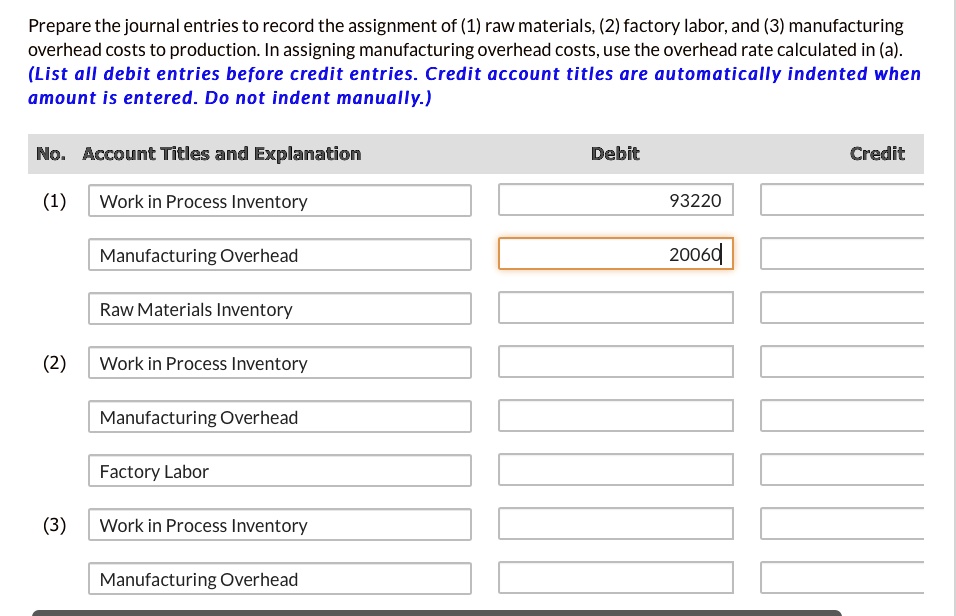 Prepare the journal entries to record the assignment of (1) raw ...