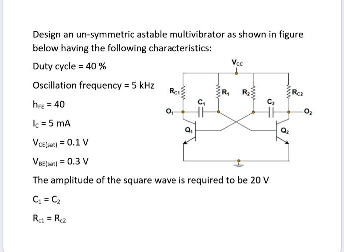 Design an un-symmetric astable multivibrator as shown in figure below ...