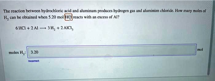 the reaction between hydrochloric acid and aluminum produces hydrogen ...