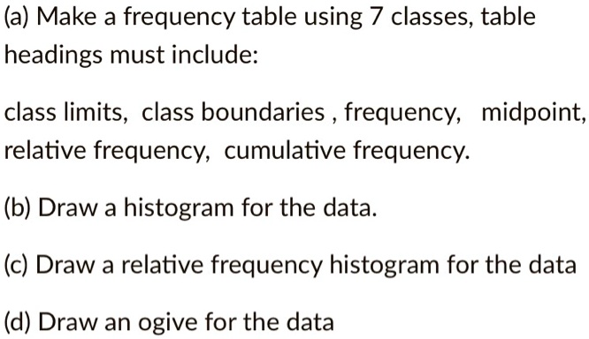 a make a frequency table using 7 classes table headings must include ...