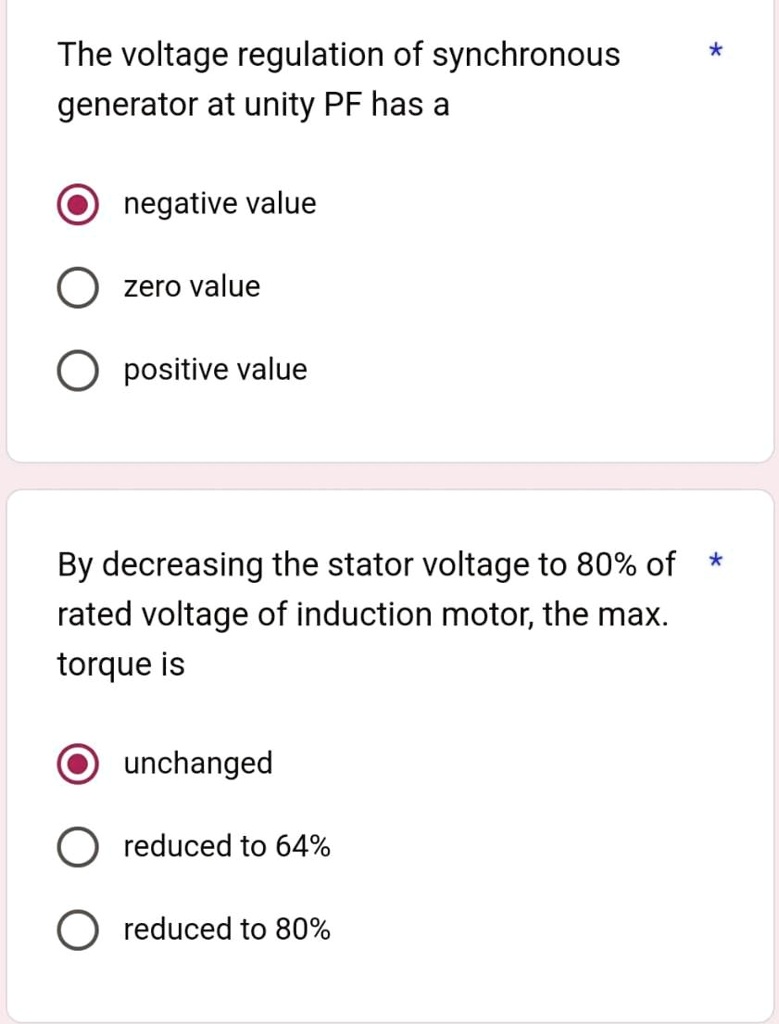 the voltage regulation of synchronous generator at unity pf has a ...