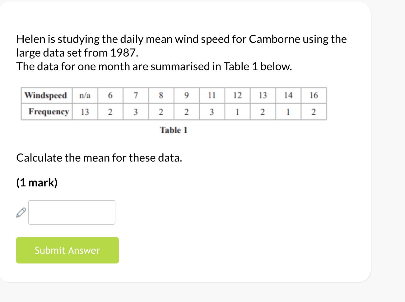 Helen is studying the daily mean wind speed for Camborne using the ...