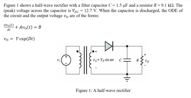 SOLVED: Figure 1 shows a half-wave rectifier with a filter capacitor C=1.5 μF and a resistor R=9 ...