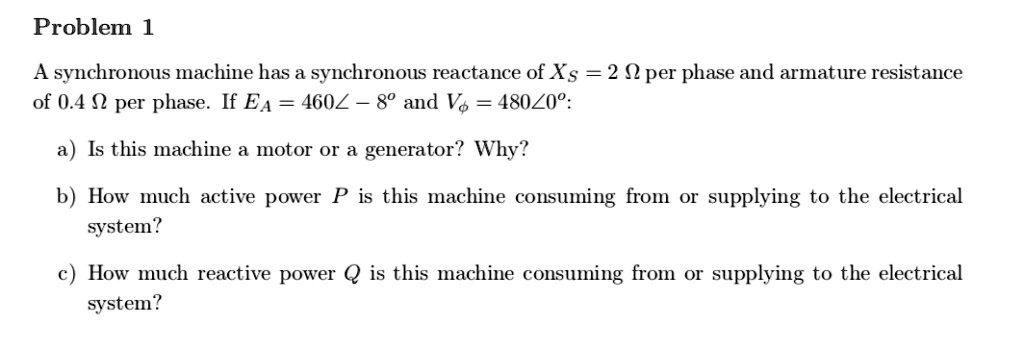 SOLVED: A synchronous machine has a synchronous reactance of Xs = 2 Î ...