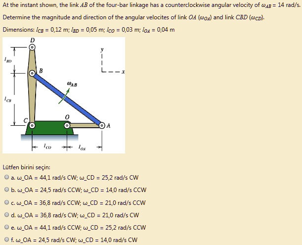 SOLVED: At the instant shown, the link B of the four-bar linkage has counterclockwise angular ...