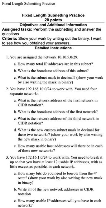 SOLVED: Fixed Length Subnetting Practice Fixed Length Subnetting ...